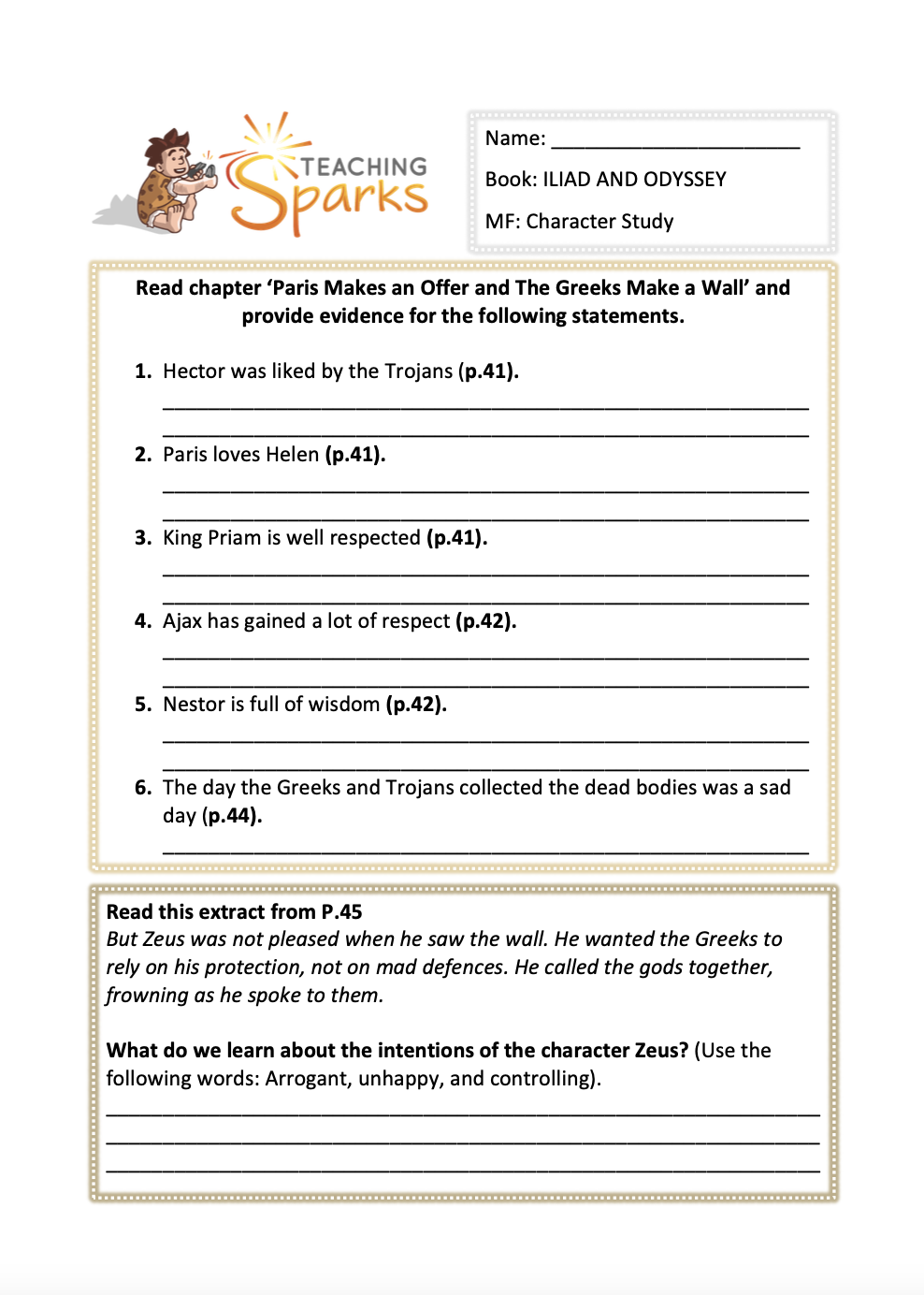 Iliad And Odyssey Year 3 And Year 4 Resources Activities Comprehension
