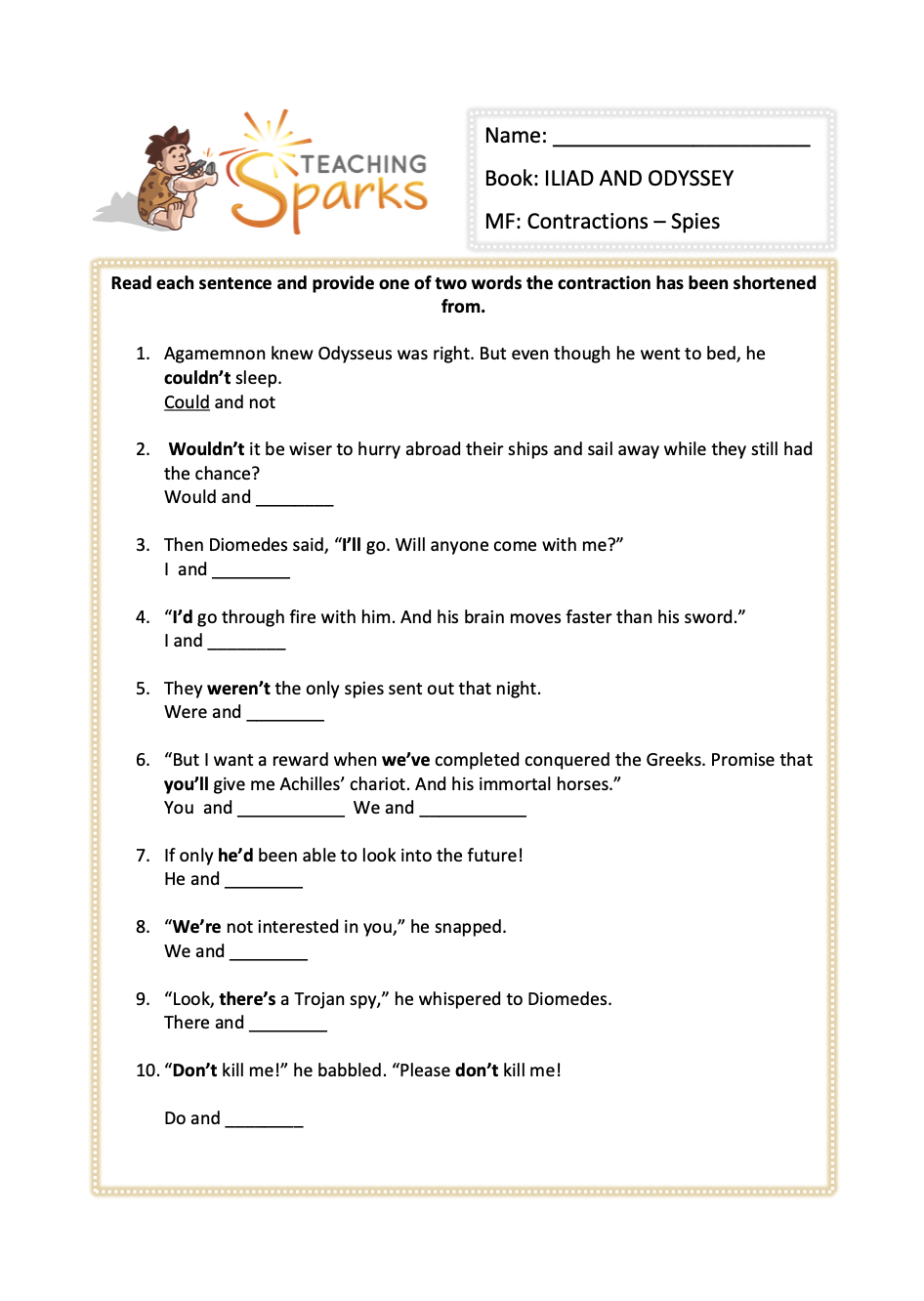 Iliad And Odyssey Year 3 And Year 4 Resources Activities Comprehension