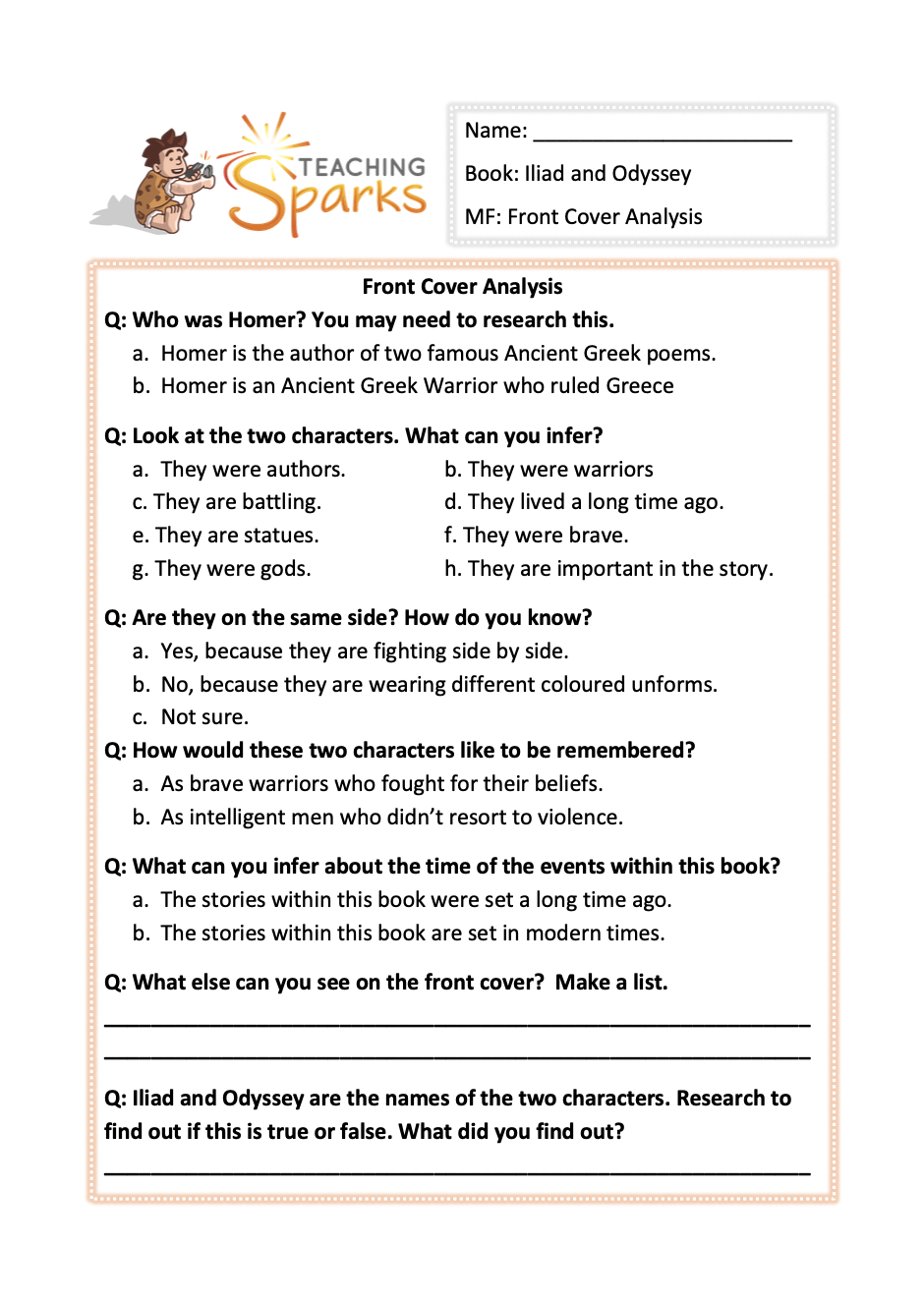 Iliad And Odyssey Year 3 And Year 4 Resources Activities Comprehension