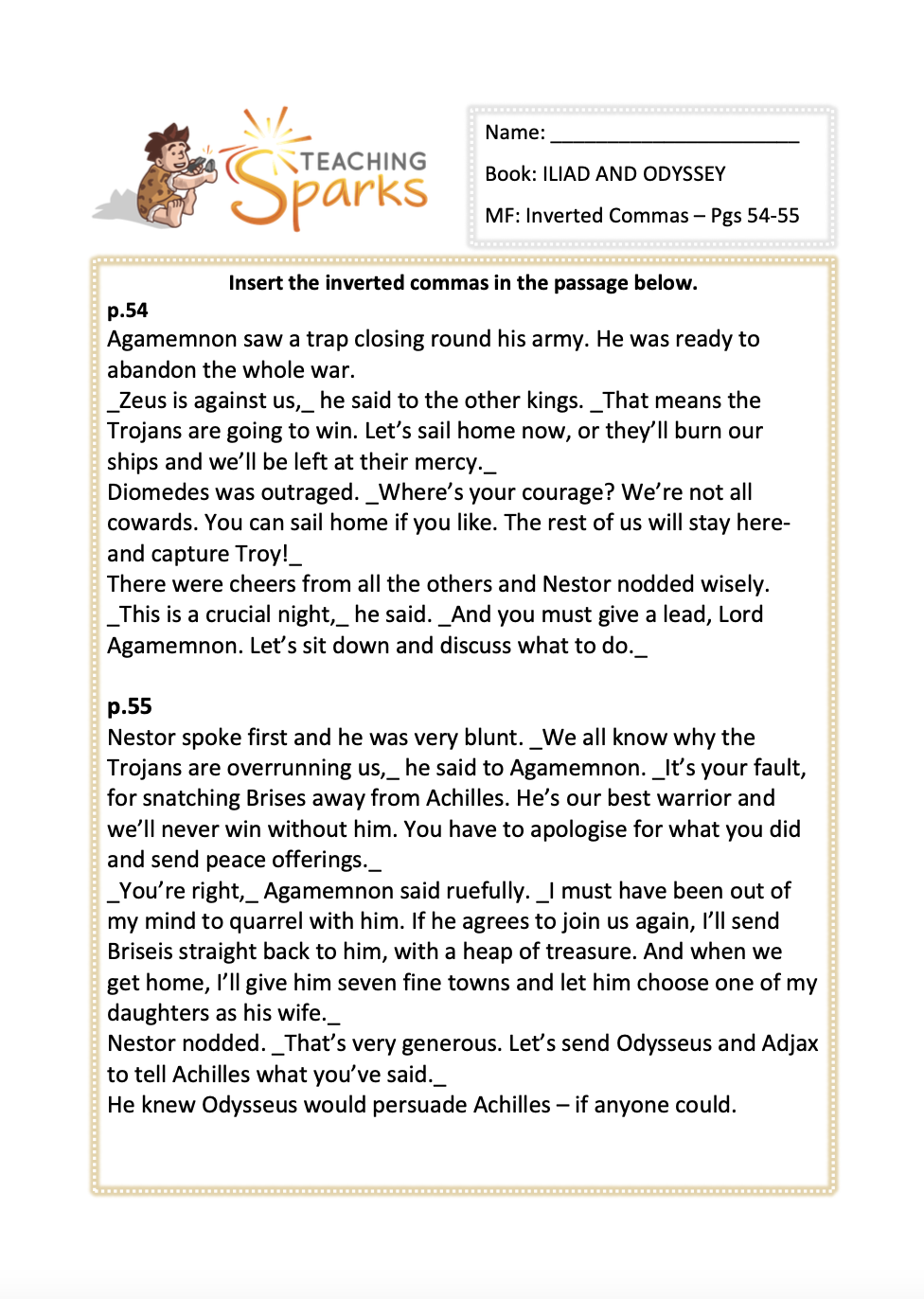 Iliad And Odyssey Year 3 And Year 4 Resources Activities Comprehension