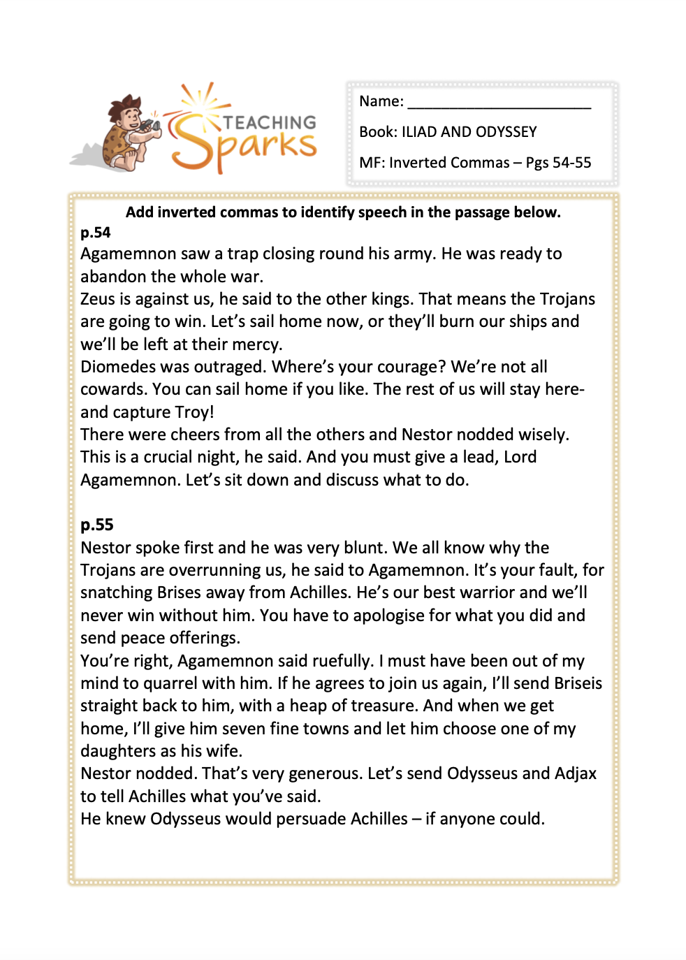 Iliad And Odyssey Year 3 And Year 4 Resources Activities Comprehension