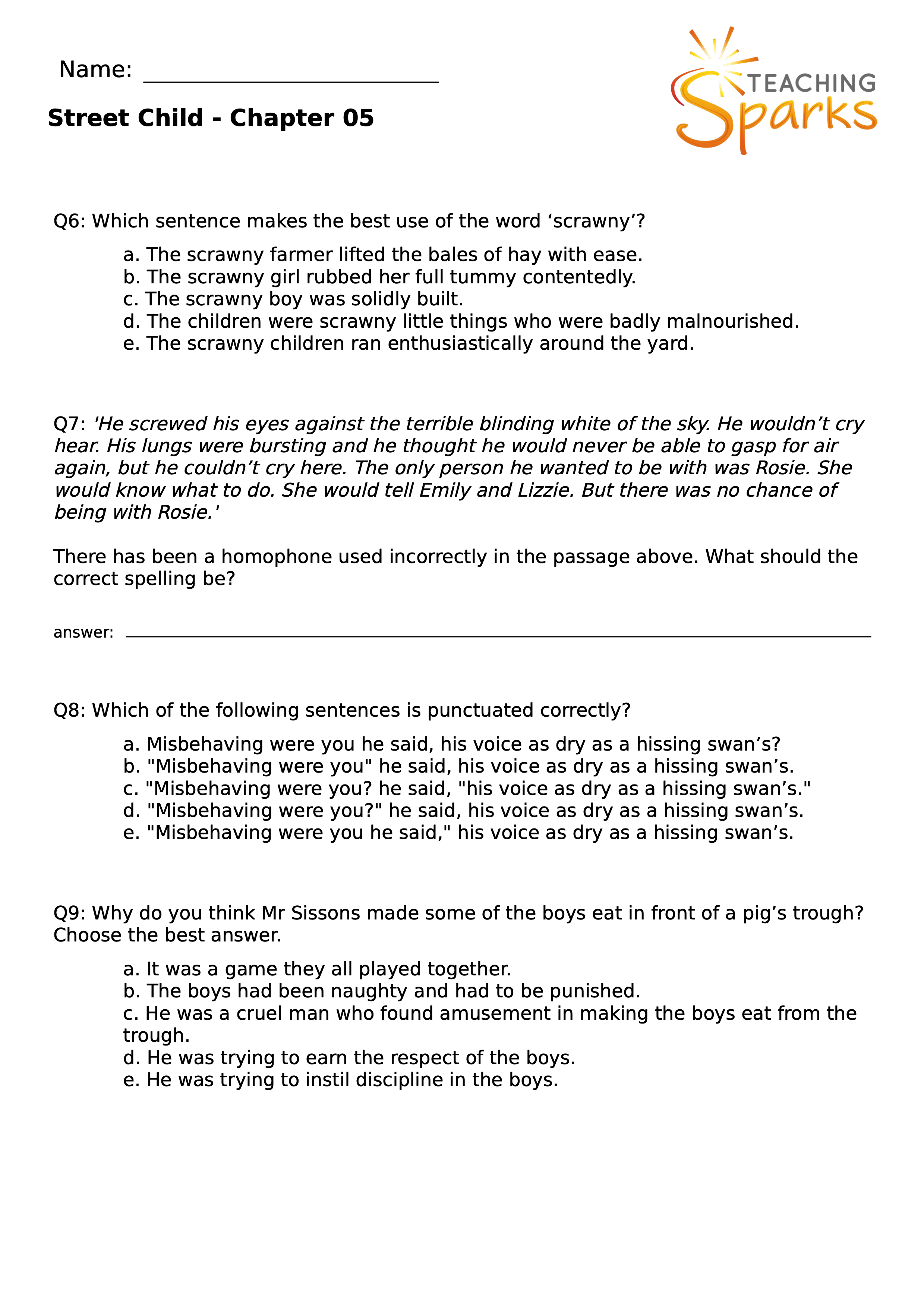 Street Child | Reading Resources KS2 | Comprehension | Year 5 | Year 6
